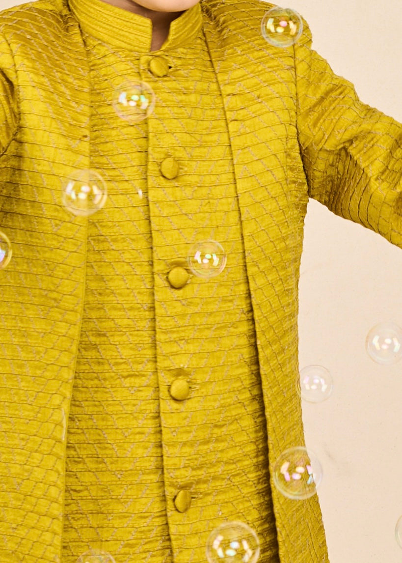 Flaxen Yellow Layered Achkan Set – allboycoutureweb